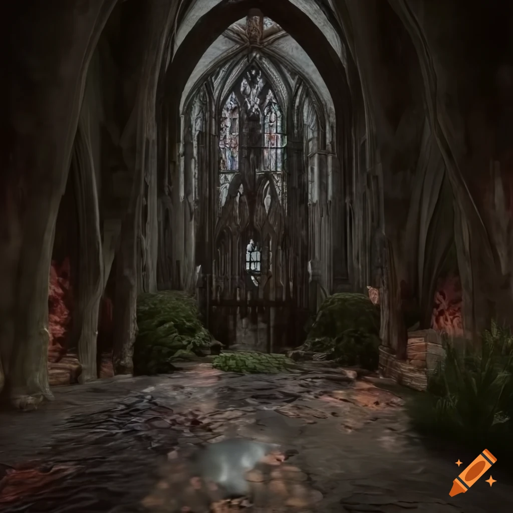 A mystic cathedral filled with crystals, pond, lava stone overgrown ...