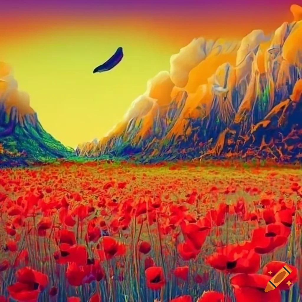 Poppy field, psychedelic on Craiyon