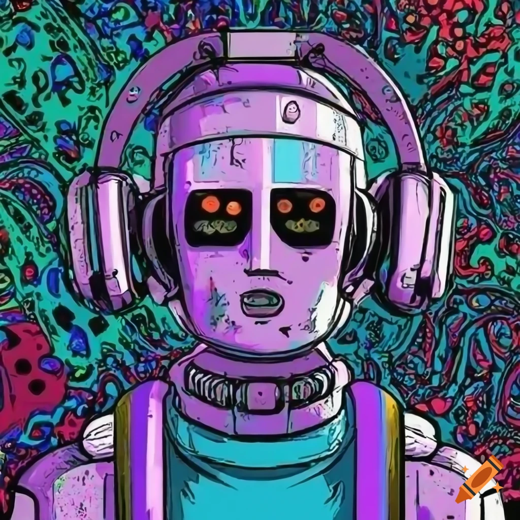 80d 90s sci-fi manga, music themed, robot man with headphones, 80s and ...