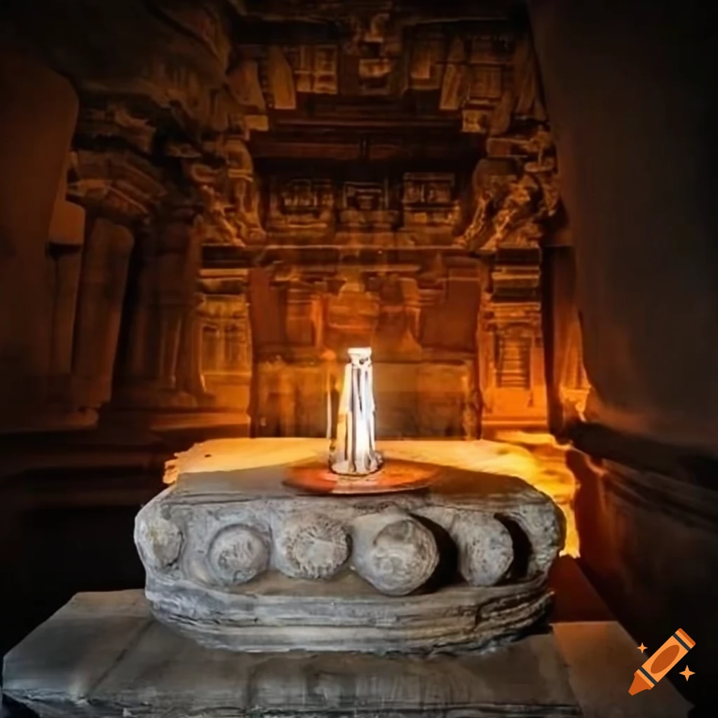 A crystal shivling on a stone pedestal in the dark sanctum of a south ...