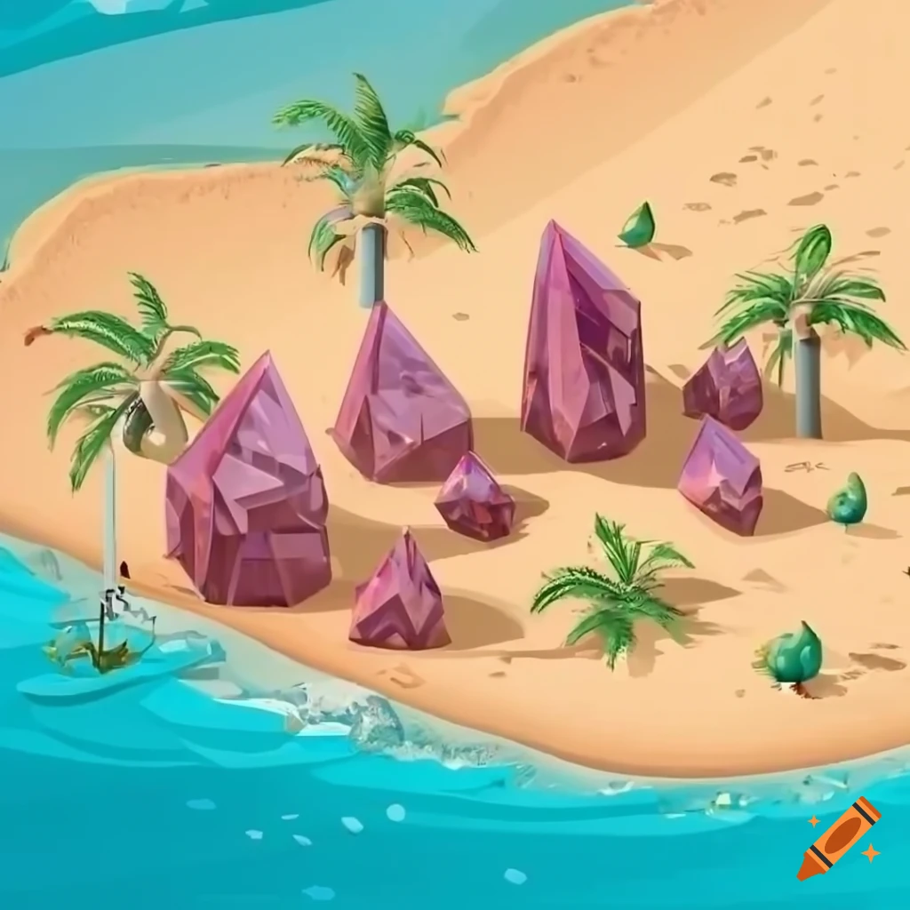 Stunning crystal formations on an 8k isometric beach scene