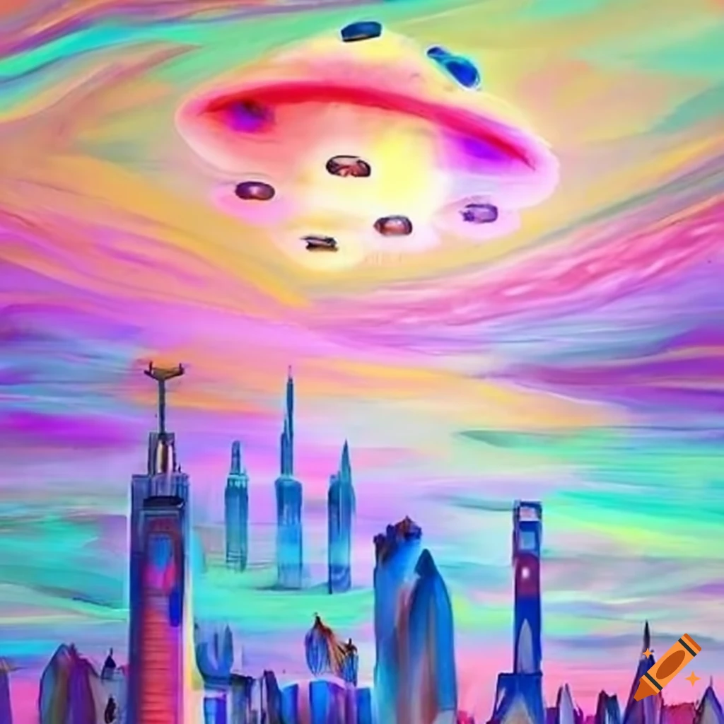 Dramatic drawing of UFO flying over futuristic city inspired by Gaudi, in White: #FFFFFF Pastel ...
