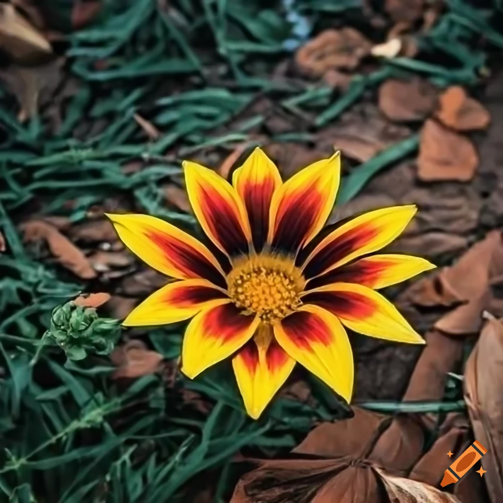 A beautiful picture of a gazania flower in fulvous color next to a lake