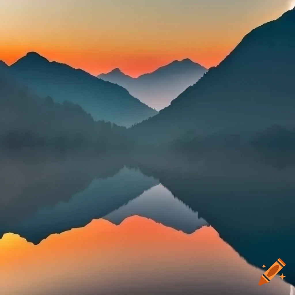 Water reflection of nature forest and mountains scene at sunset