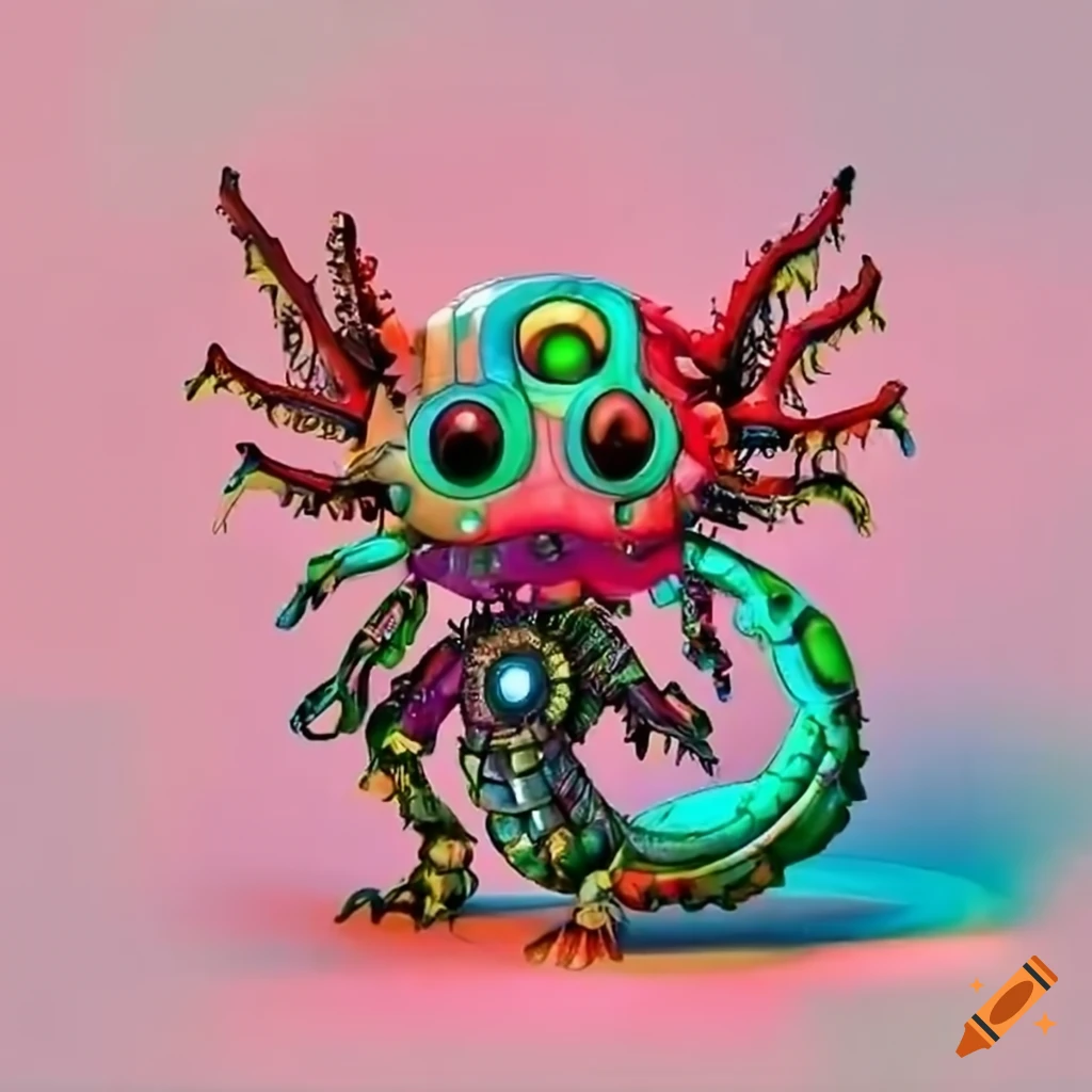 A cyborg axolotl made from scrap