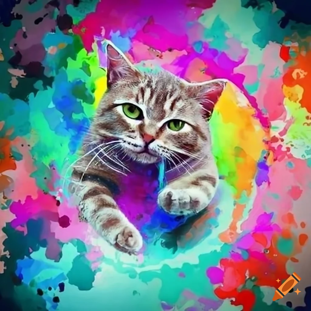 Cat playing amidst a burst of colorful watercolor splatters