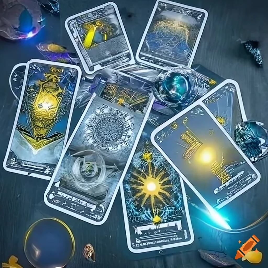 A mesmerizing arrangement of futuristic tarot cards on Craiyon