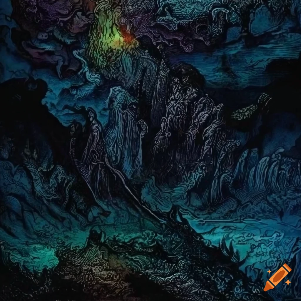 A fantasy map, detailed illustration in the style of gustave doré ...