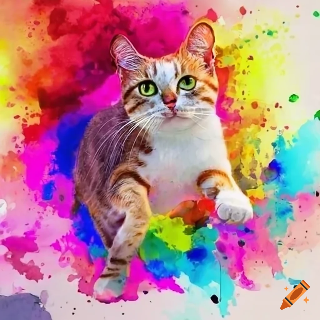Cat playing amidst a burst of colorful watercolor splatters