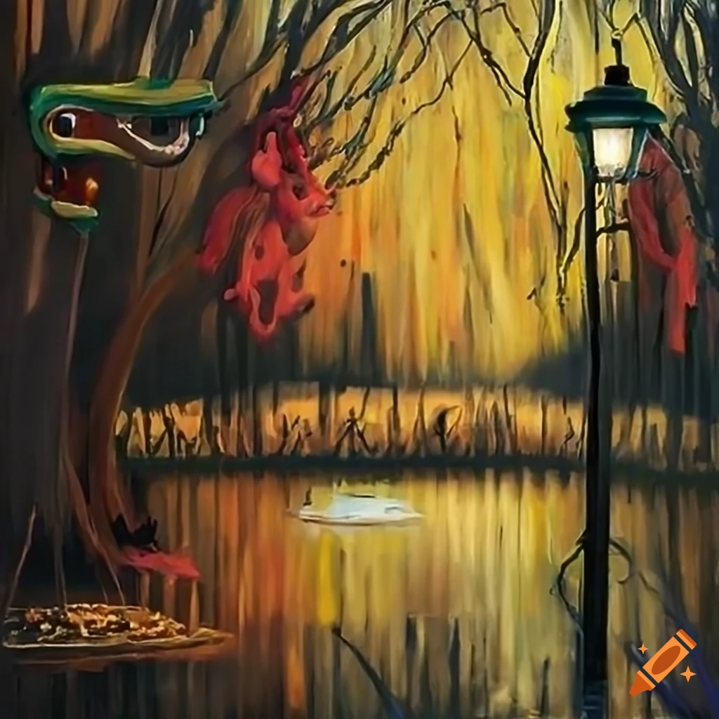 Painting parc lake swamp canot street lamps totems modern sculptures