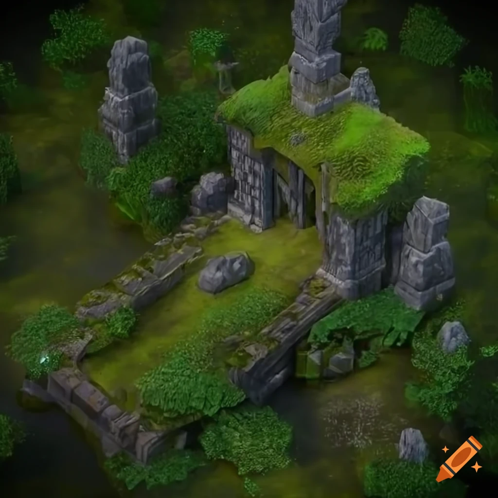 A moss-covered stone ruins in a fantasy rpg game forest fantasy grass ...