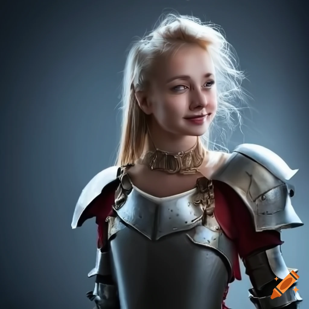 Attractive blonde girl wearing armor smiling on Craiyon
