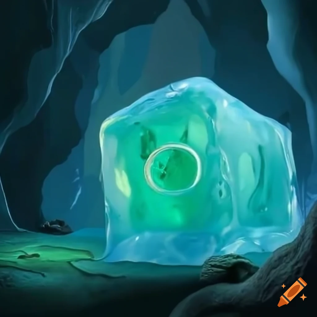 Gelatinous cube with a magic ring, in a cave on Craiyon