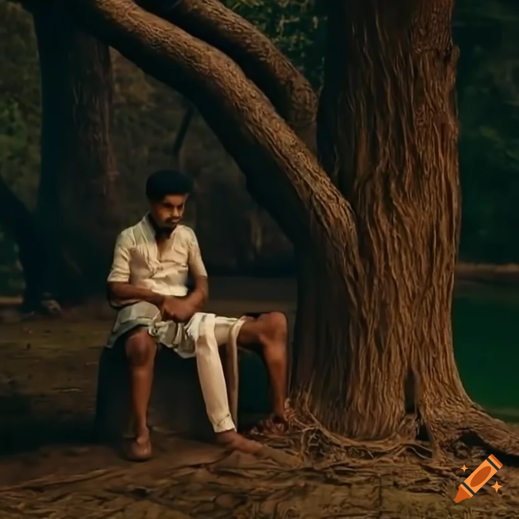A indian man with beared sitting under tree cinematic look