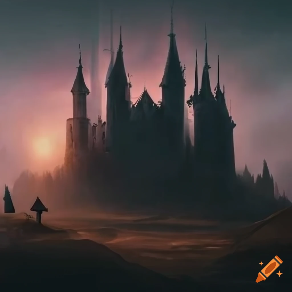 Majestic Iron Castle standing monumental in an endless open field. Dark ...