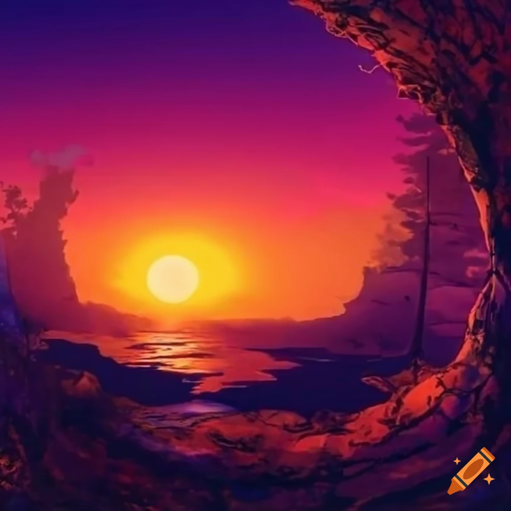 Vibrant sunset in a circular composition