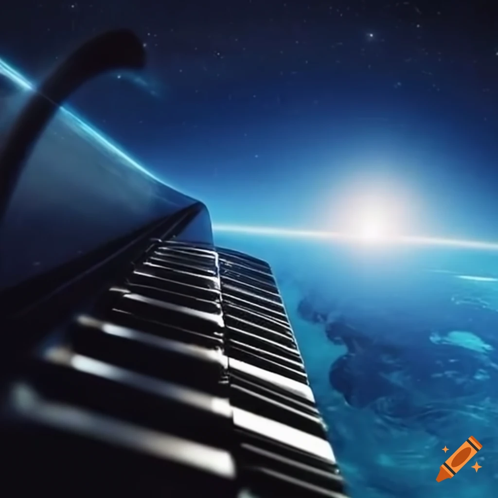 Piano in space above earth on Craiyon