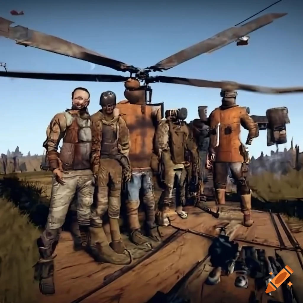 2013 video game "Rust", survival game, realistic picture of a team of 5 ...