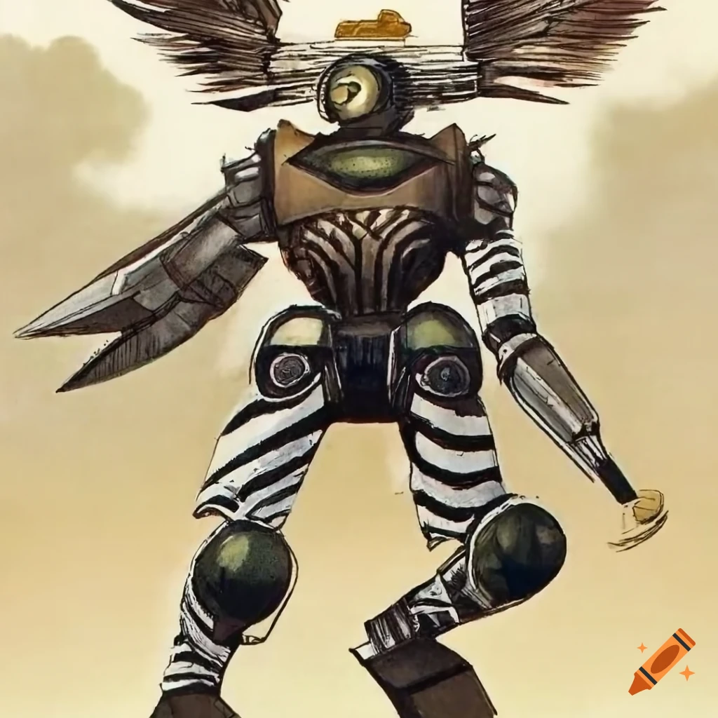 Surreal 70s manga, a robot zebra with winged lightning helmet, in ...