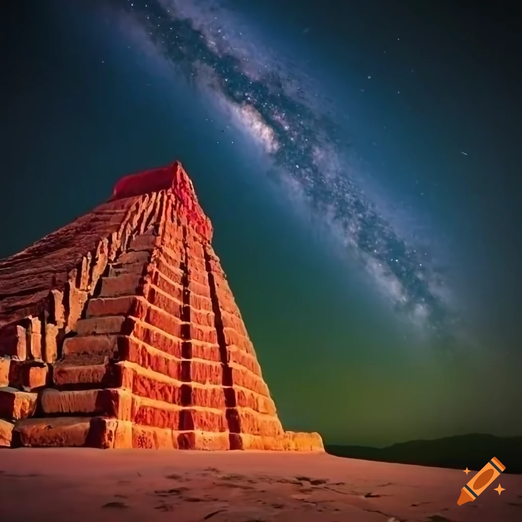 Huge bright red stone ziggurat rising out of a dark green jungle under ...