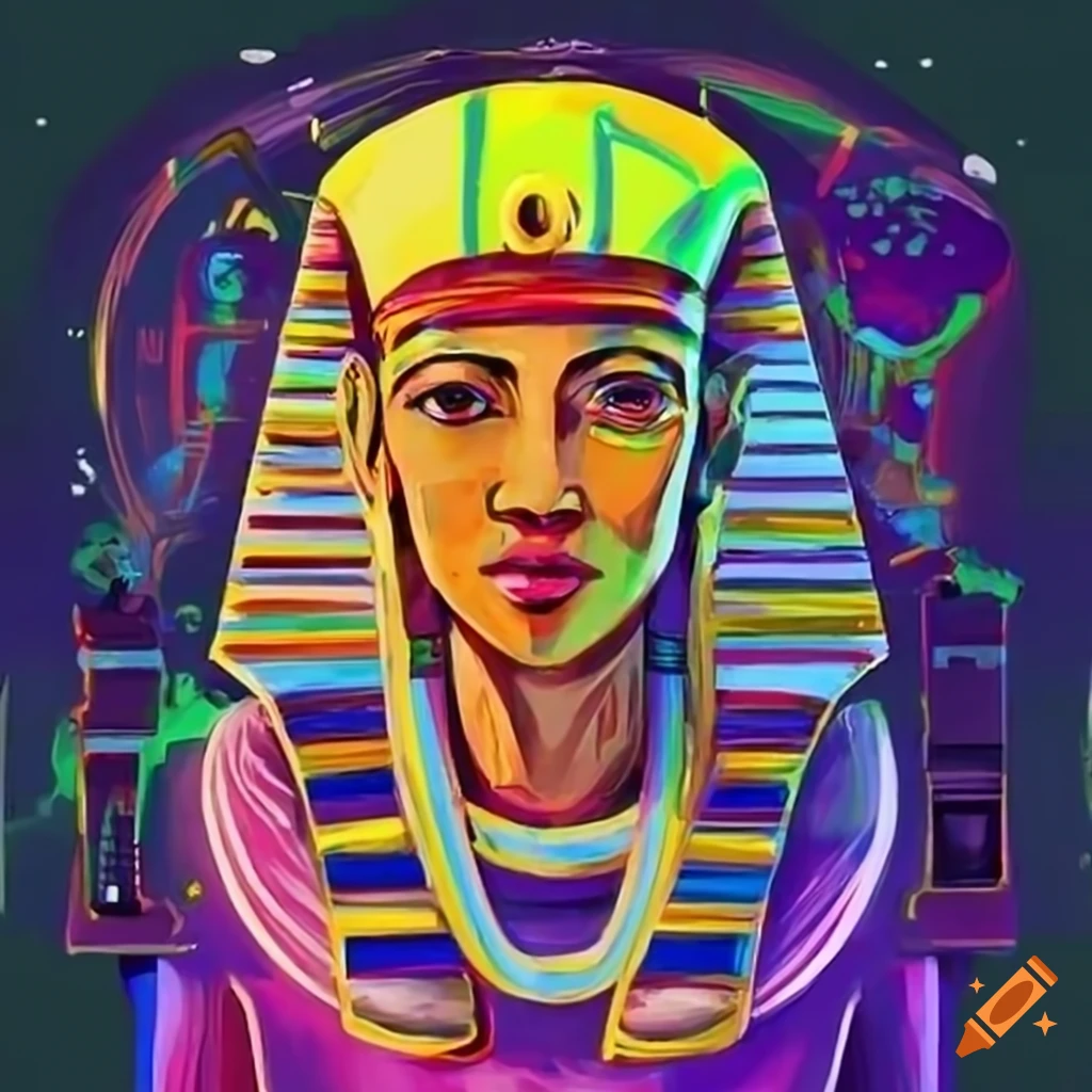 A futuristic depiction of a young pharaoh leading an advanced ...