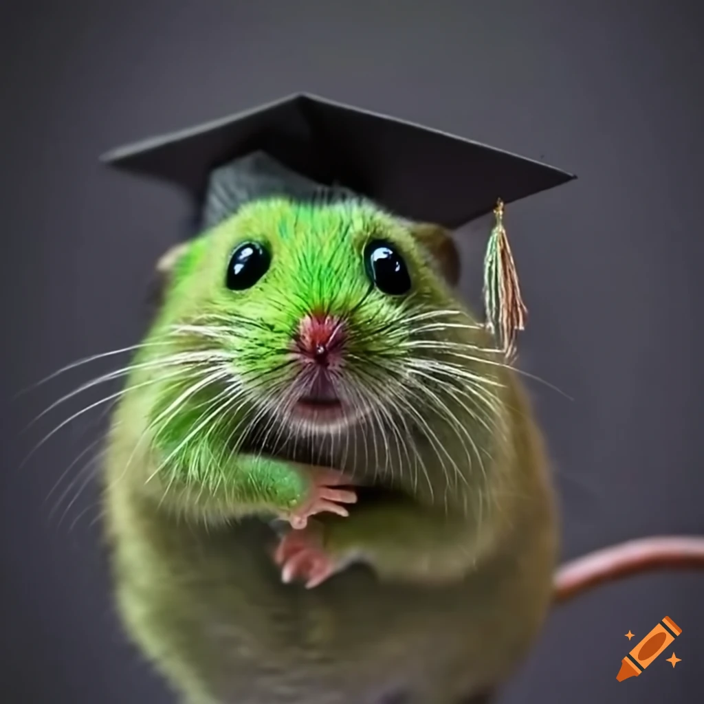 Green mouse wearing black graduation cap