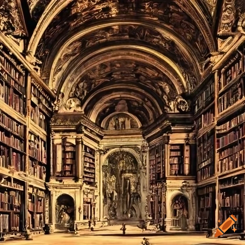 Monumental library interior, never built architecural fantasy inspired ...