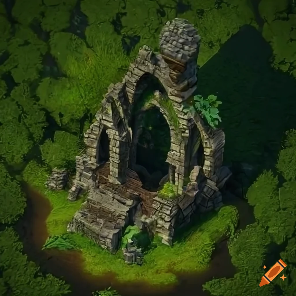 A moss-covered stone ruins in a fantasy rpg game forest fantasy grass ...
