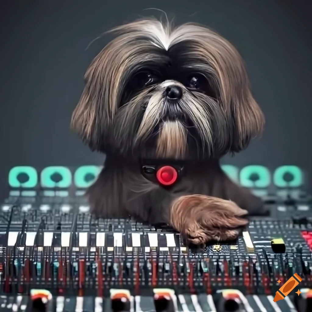 An audio mixing desk with a shih tzu operating. the black shih tzu has ...