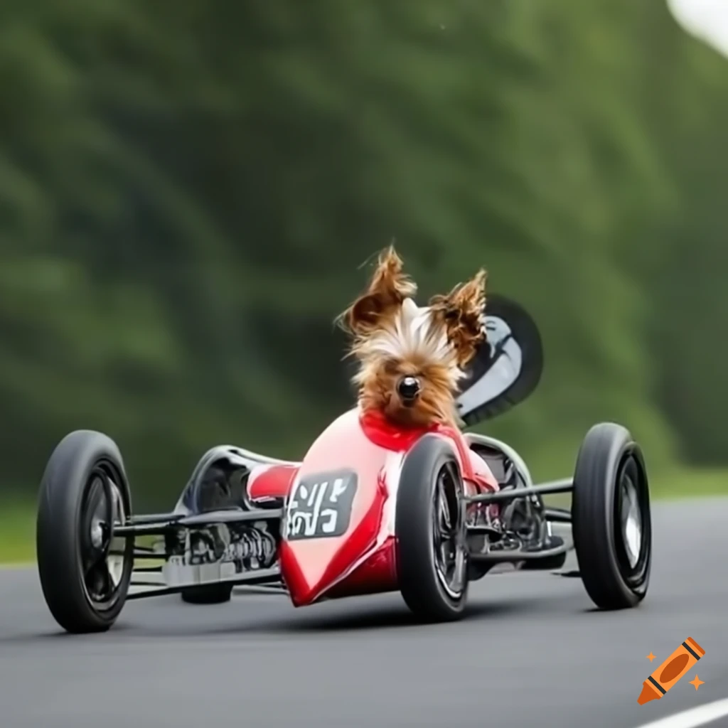Yorkshire terrier driving a race car