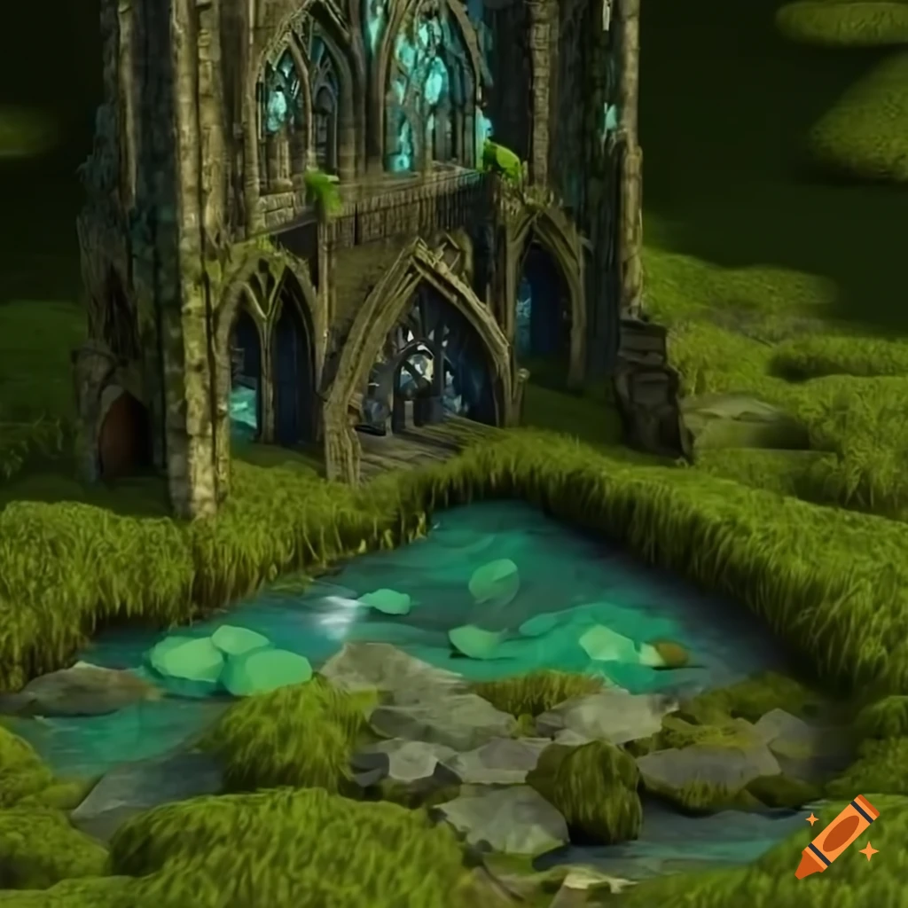 A moss-covered stone ruins in a fantasy RPG game forest fantasy grass texture isometric view ...