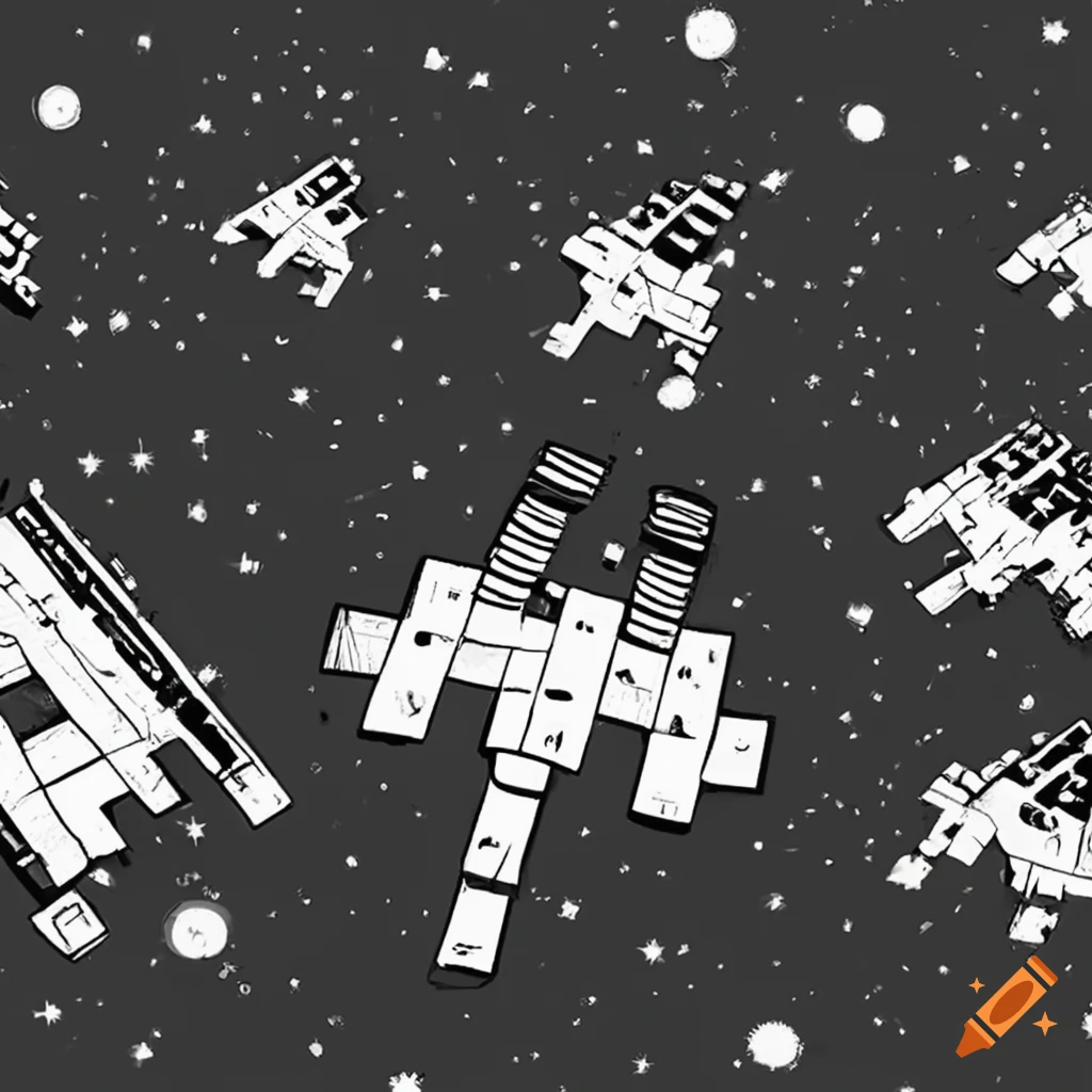 Many space invaders shaped spaceships fighting with laser in white ...
