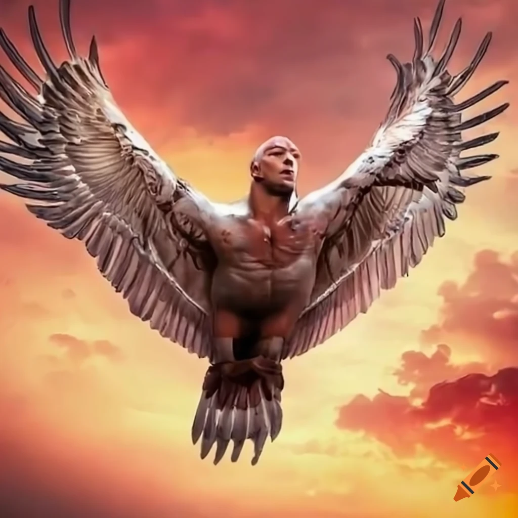 Dwayne johnson as a harpy flying in the air on Craiyon