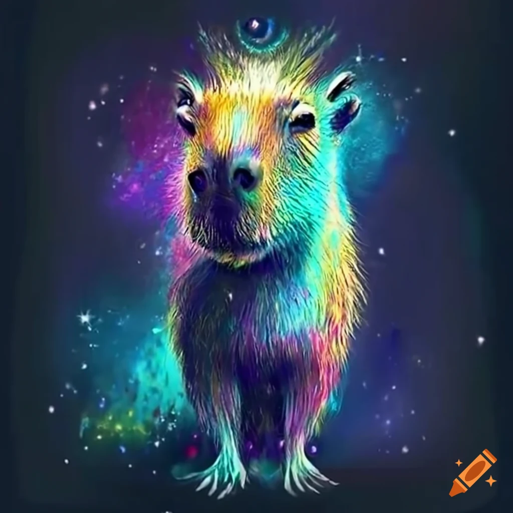 A giant capybara god in the sky with the galax in its eyes