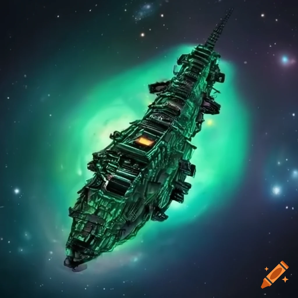 An emerald green space battleship on a snazzy cosmic background on Craiyon