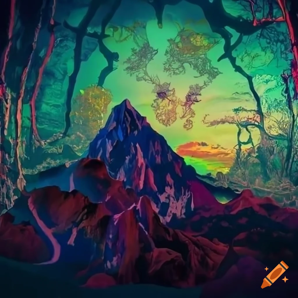 Psychedelic mountain landscape of the battle at gardens gate