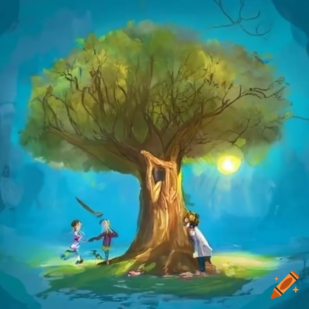 A giant, friendly tree welcoming children with open branches