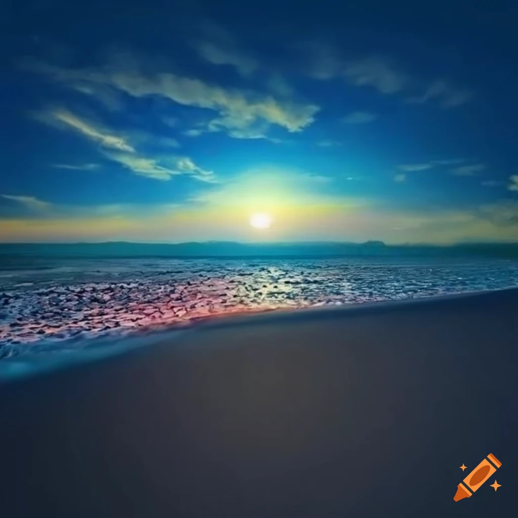 A tranquil hyper realistic beach shimmering under the moonlight with glowing crystals on Craiyon