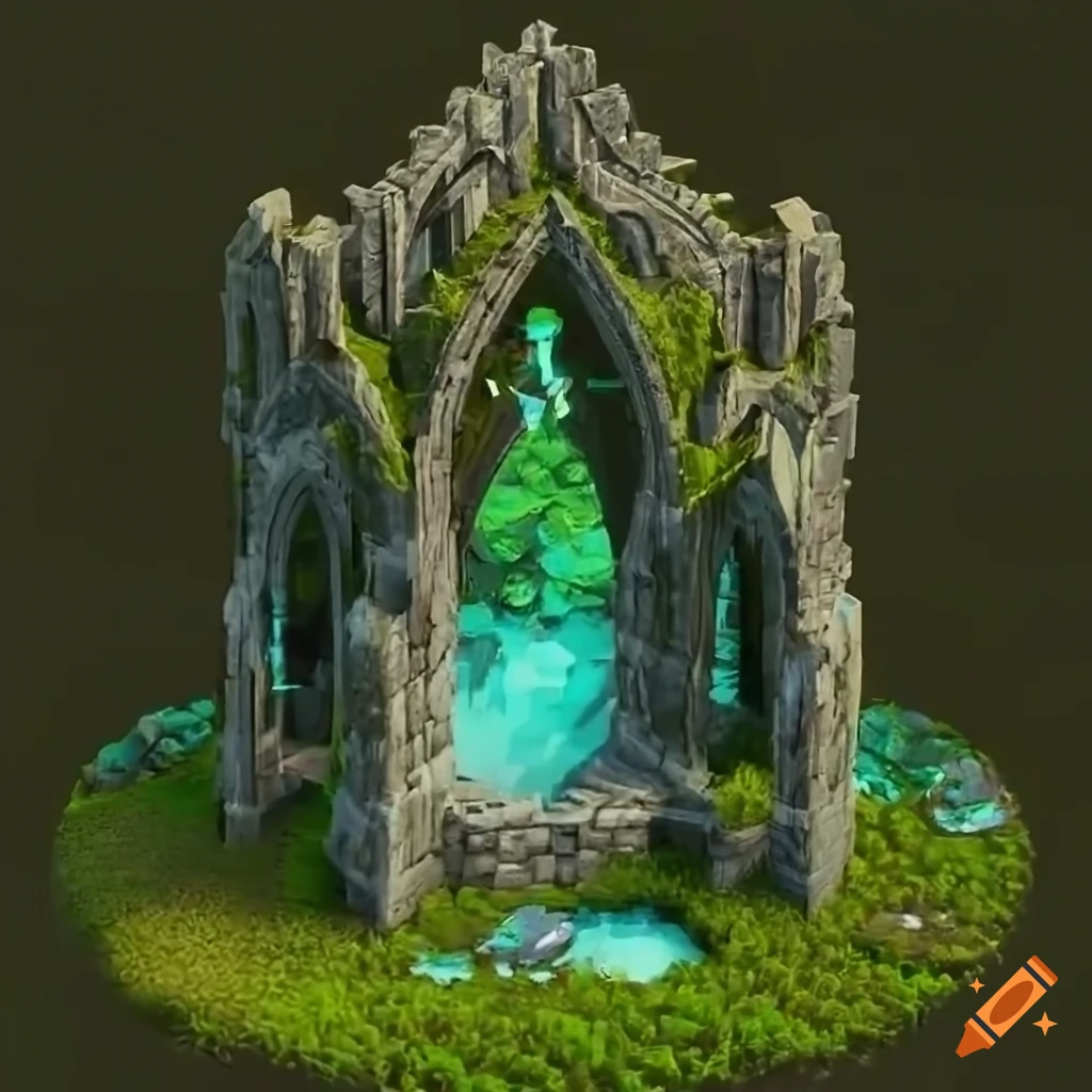 A moss-covered stone ruins in a fantasy RPG game forest fantasy grass texture isometric view ...