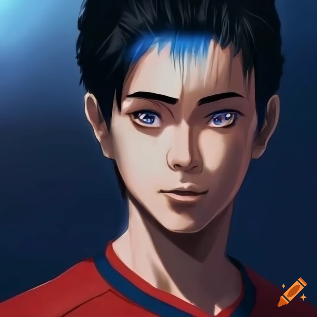 Anime-style artwork of a japanese male football player, black hair with ...