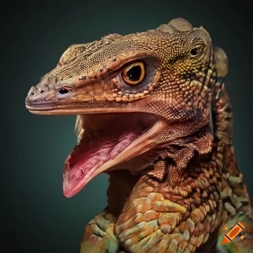 A whimsical hybrid lizard with a rooster-like head and feathered hide on Craiyon