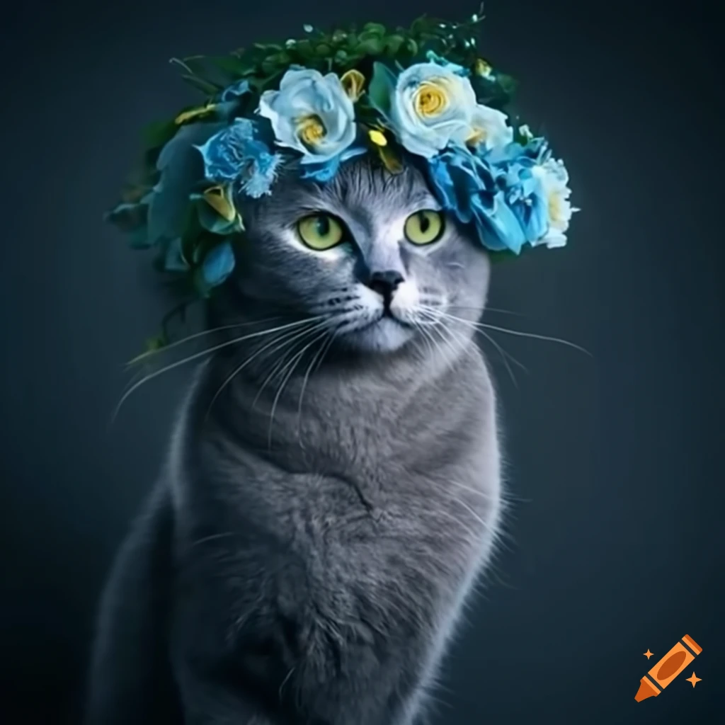 A stunning blue cat posing elegantly with a flower wreath on Craiyon