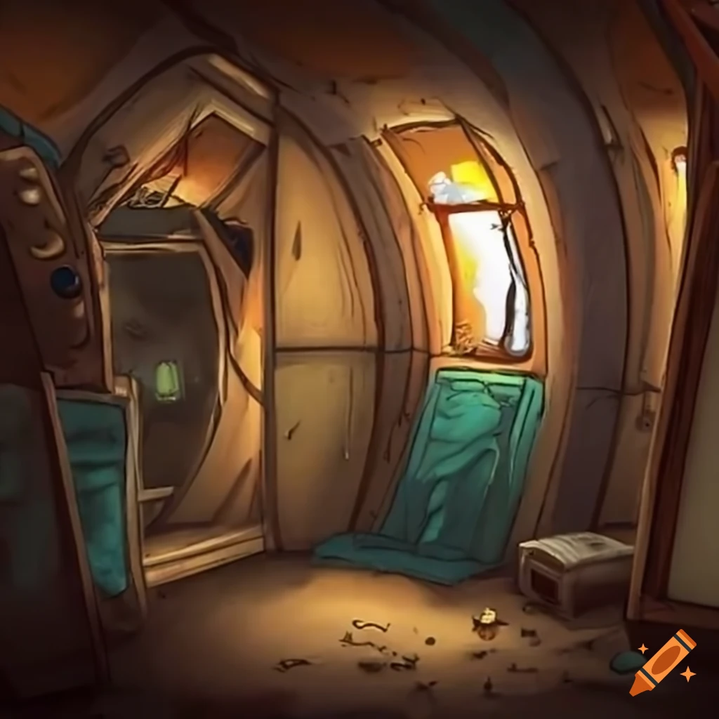 A view from the inside of an old crashlanded escape pod turned into a ...