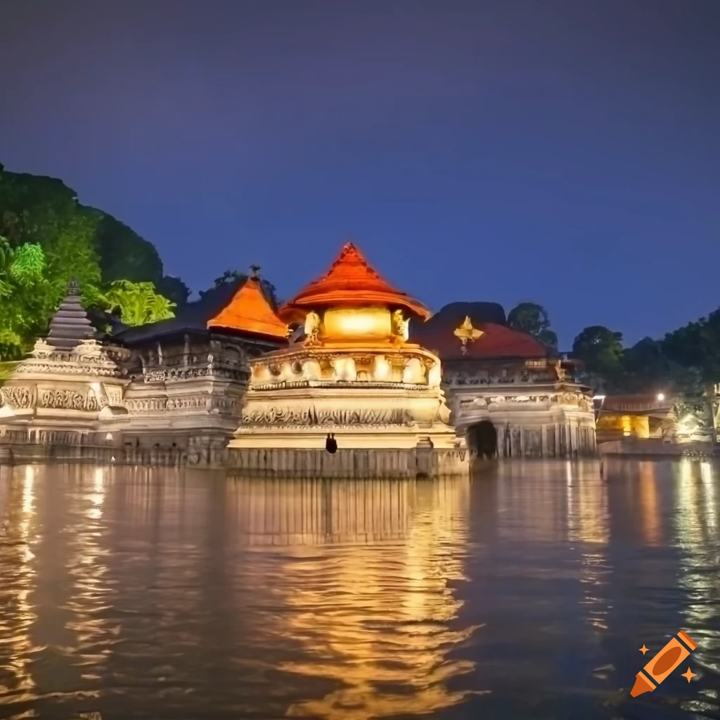 Kandy temple of tooth relic in view of the night in the moon light on ...