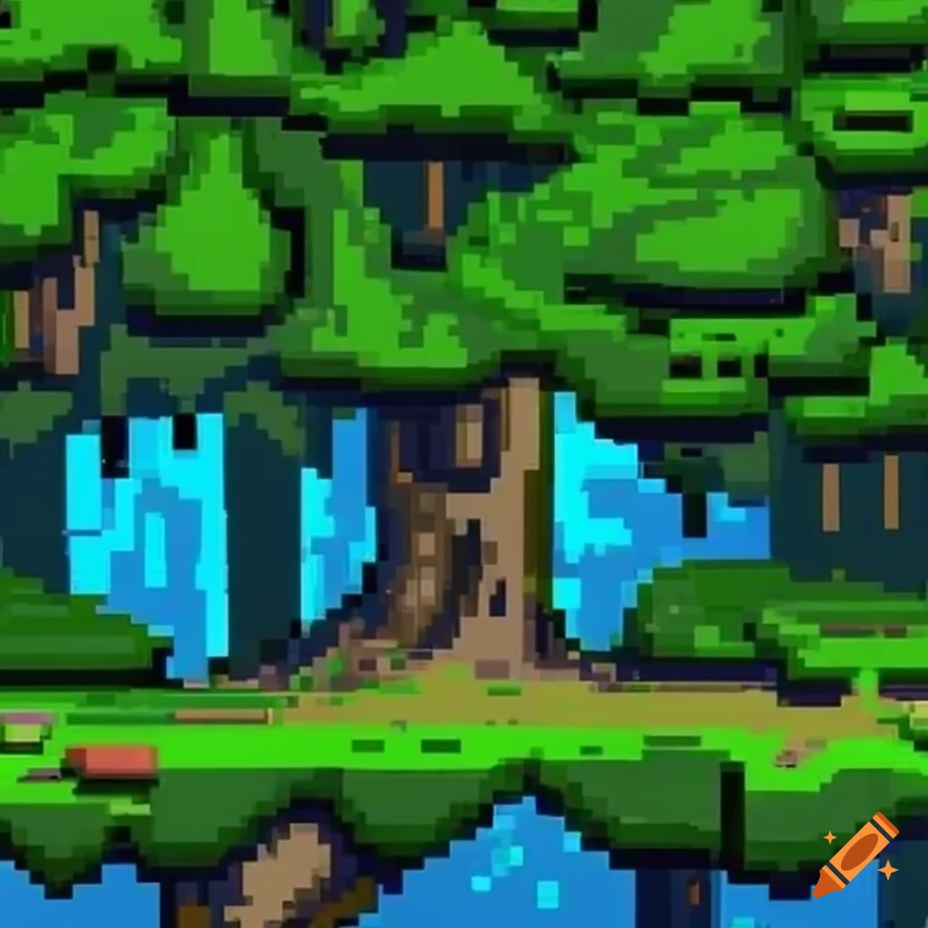 Create a pixel art platformer level image with a theme of an enchanted ...