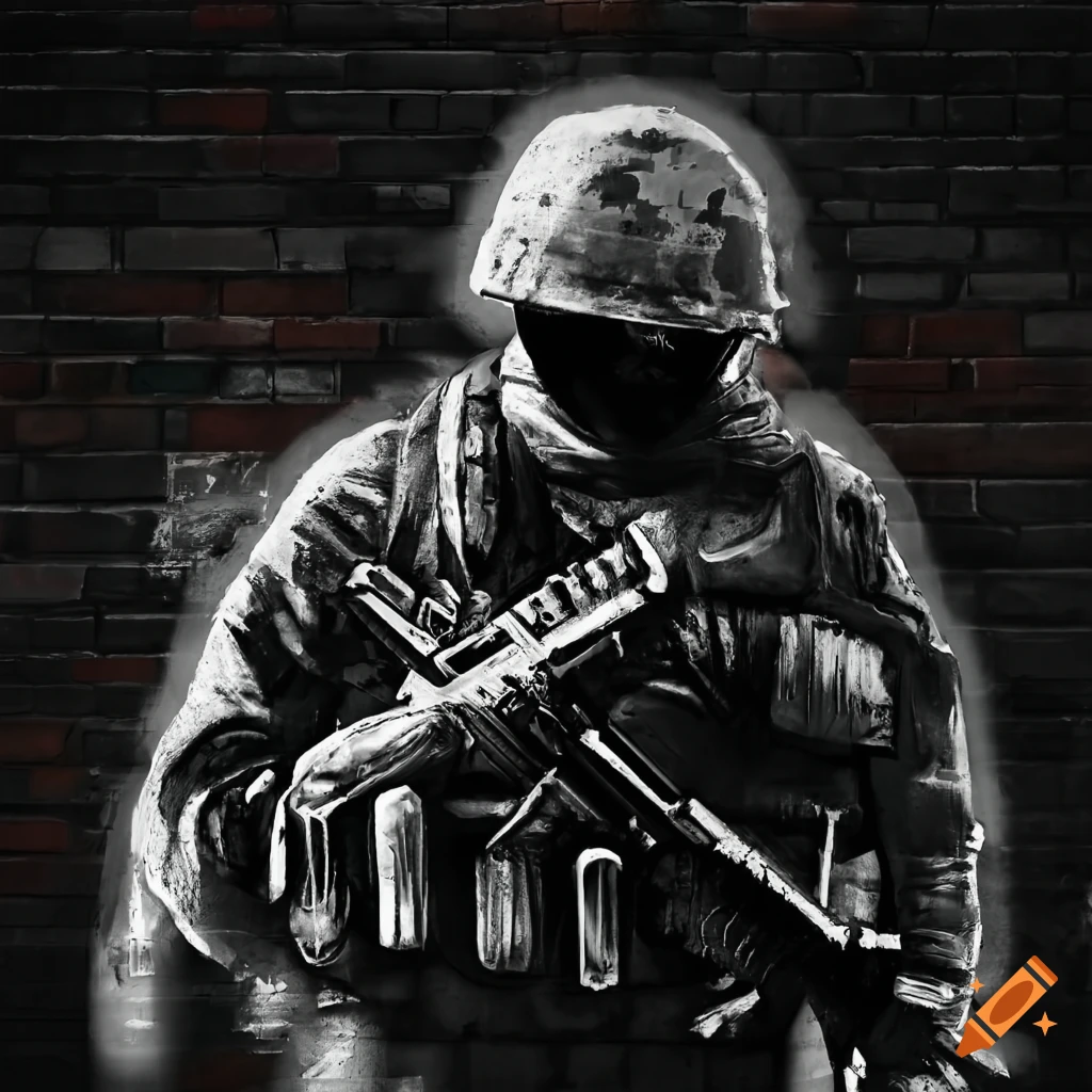 Graffiti of a soldier, spec ops, on brick wall, black and white ...