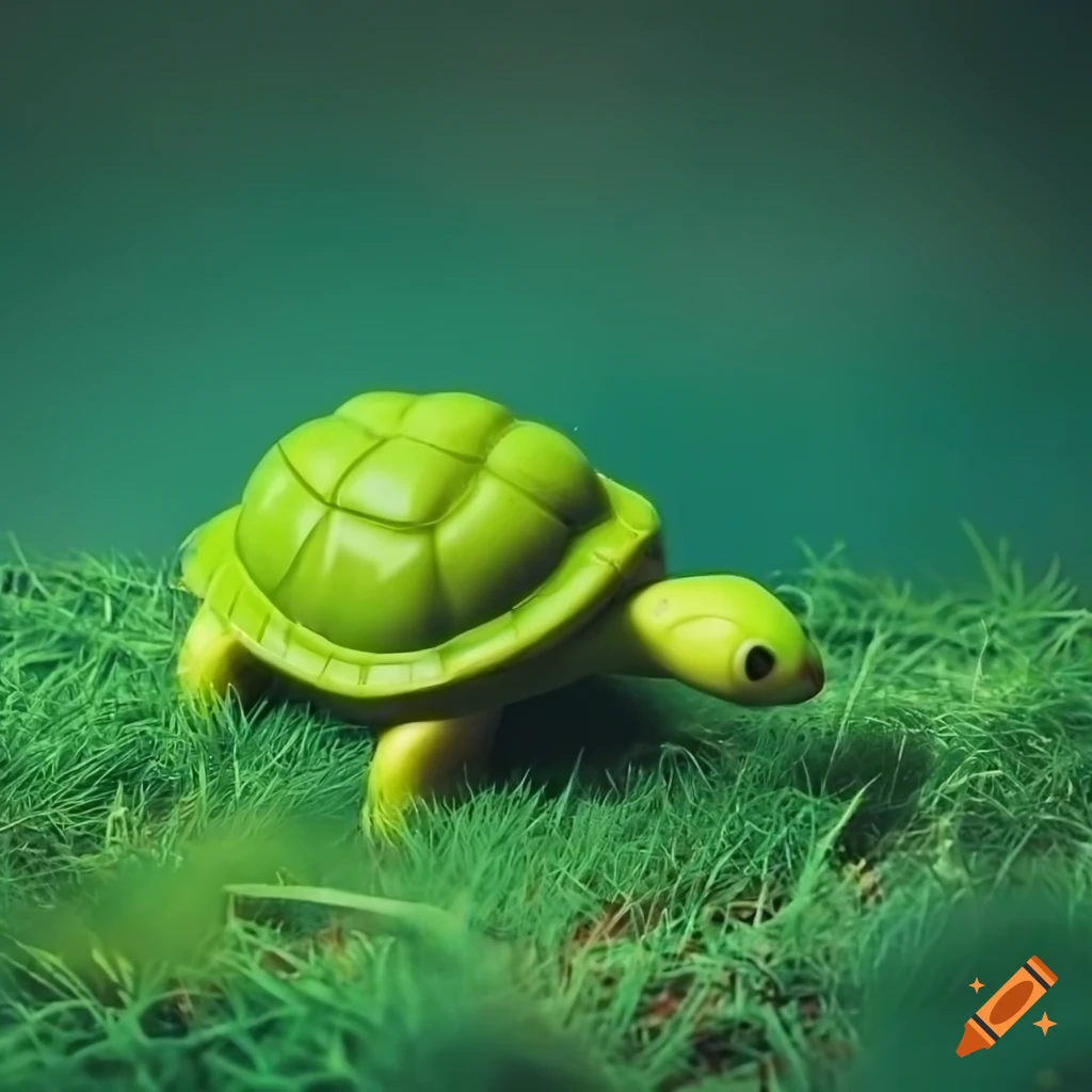 A toy turtle made of plastic, grass and jungle green background, exotic ...
