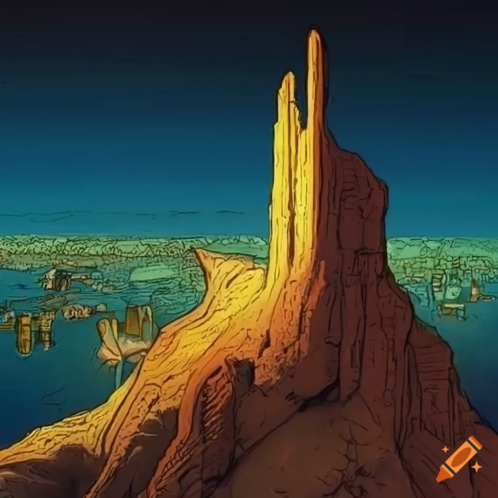 Alien planet ruins in the style of mœbius