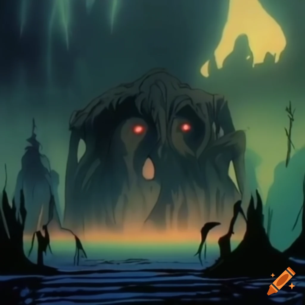 80-90's anime ova, dynamic prehistoric swamp landscape 'ninja scroll ...