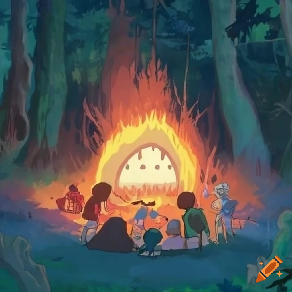 Characters from studio ghibli gathering around a bonfire in a enchanted ...